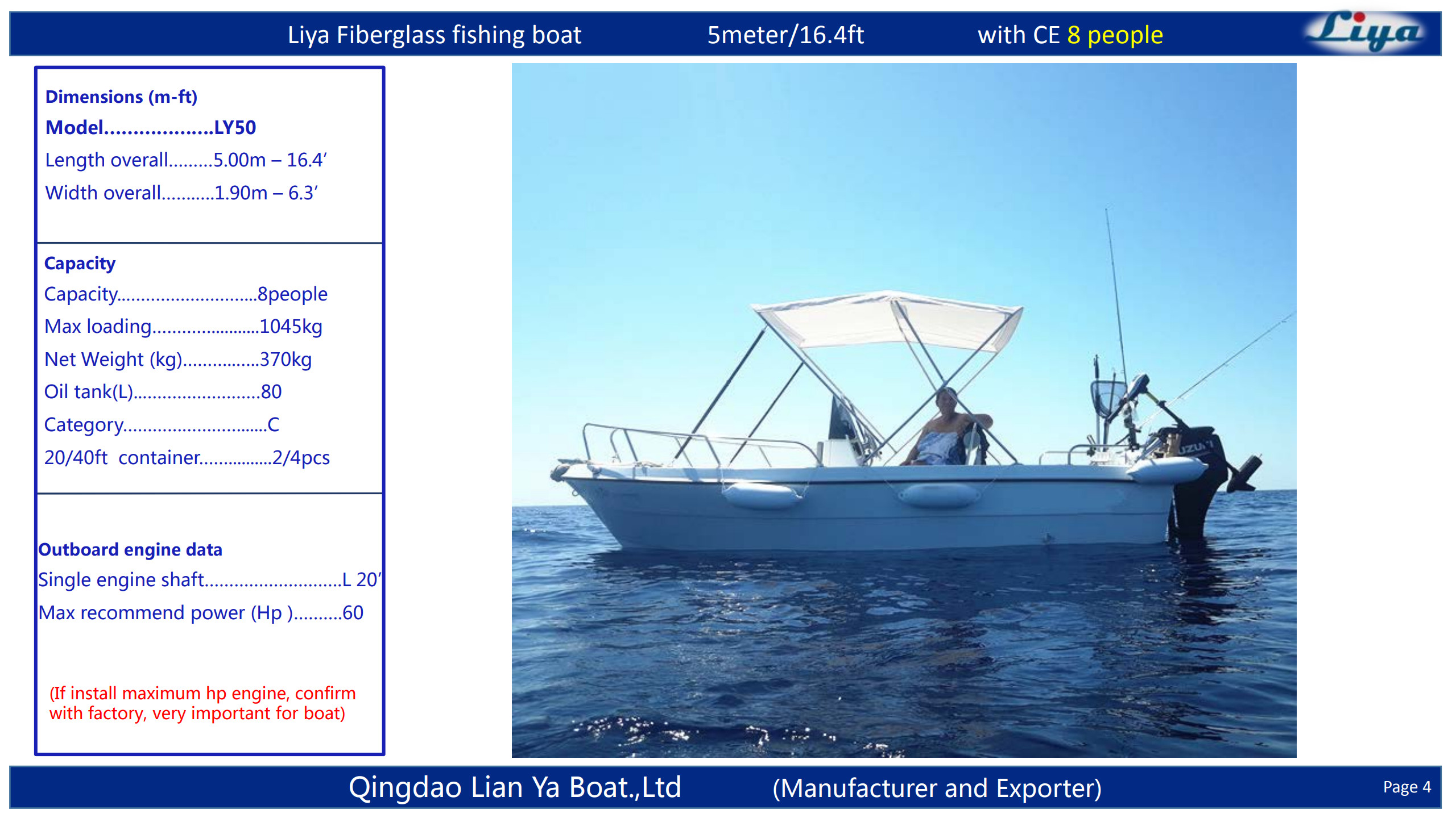 Liya 5m Economical Fiberglass Boat – 8 Person with Canopy